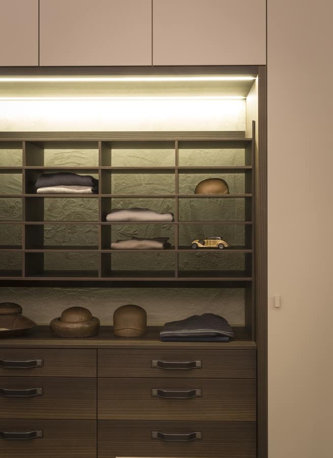 Elegant walk-in closet, gold and wood aucalipto trim | IDFdesign
