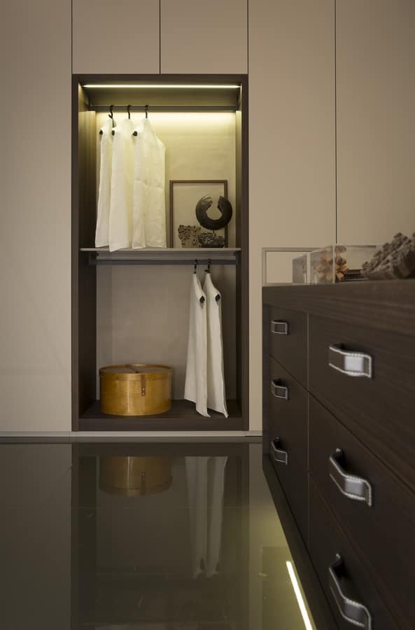 Elegant walk-in closet, gold and wood aucalipto trim | IDFdesign